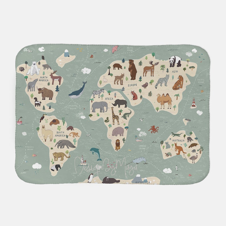 World Map Nursery Baby Animals Blanket Baby Animals Nursery | Etsy