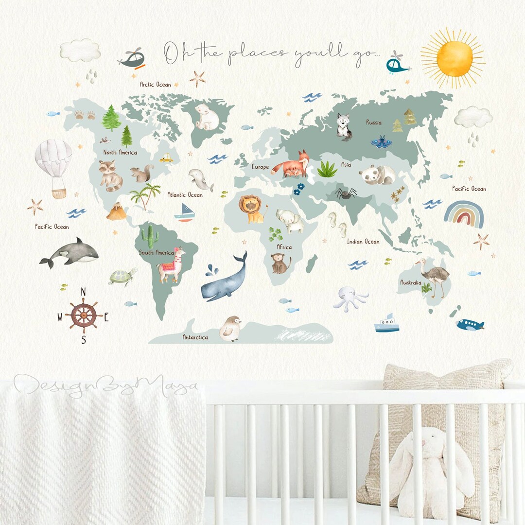 Animals World Map Mural, Nursery Decor, Peel and Stick Wallpaper, World ...