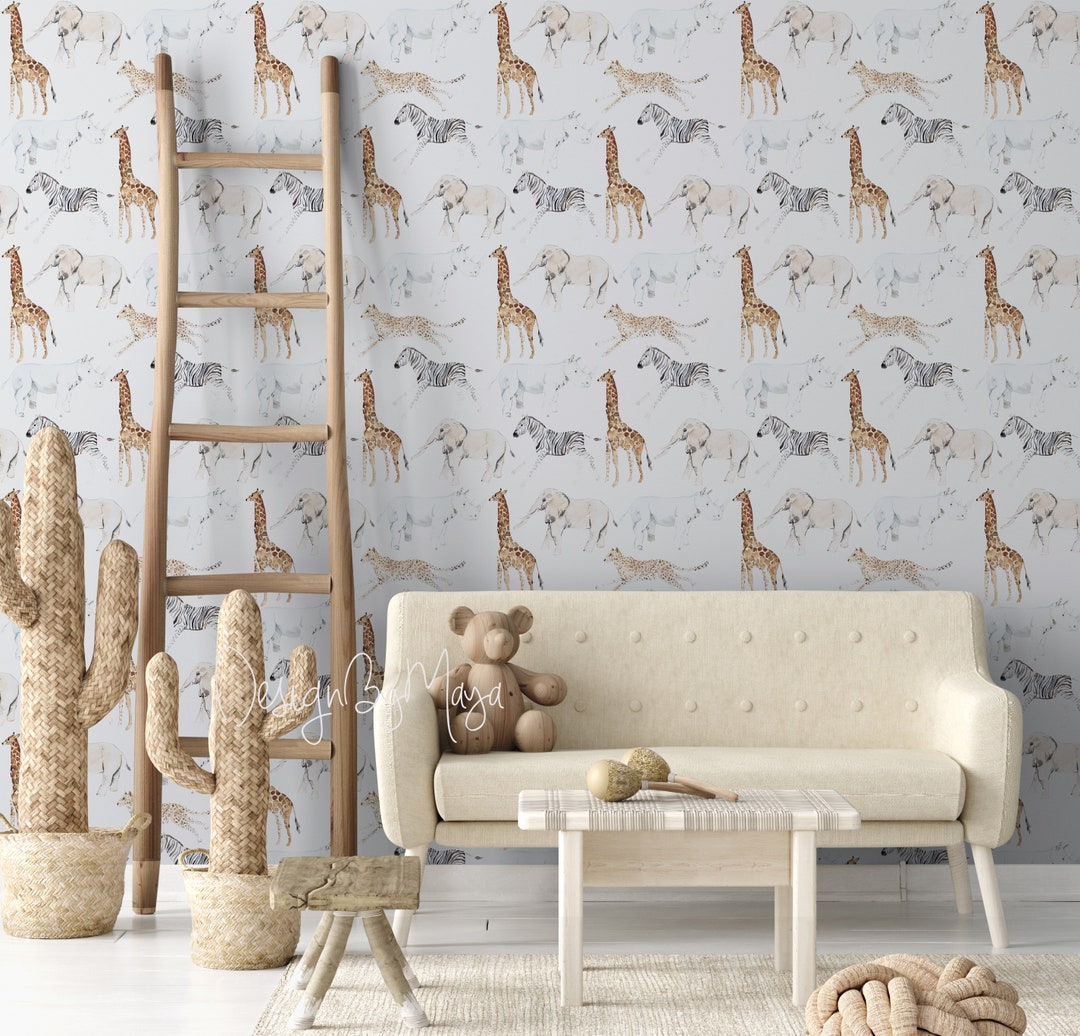 Watercolor Safari Animal Wallpaper: Boho Farmhouse Nursery Decor - Etsy