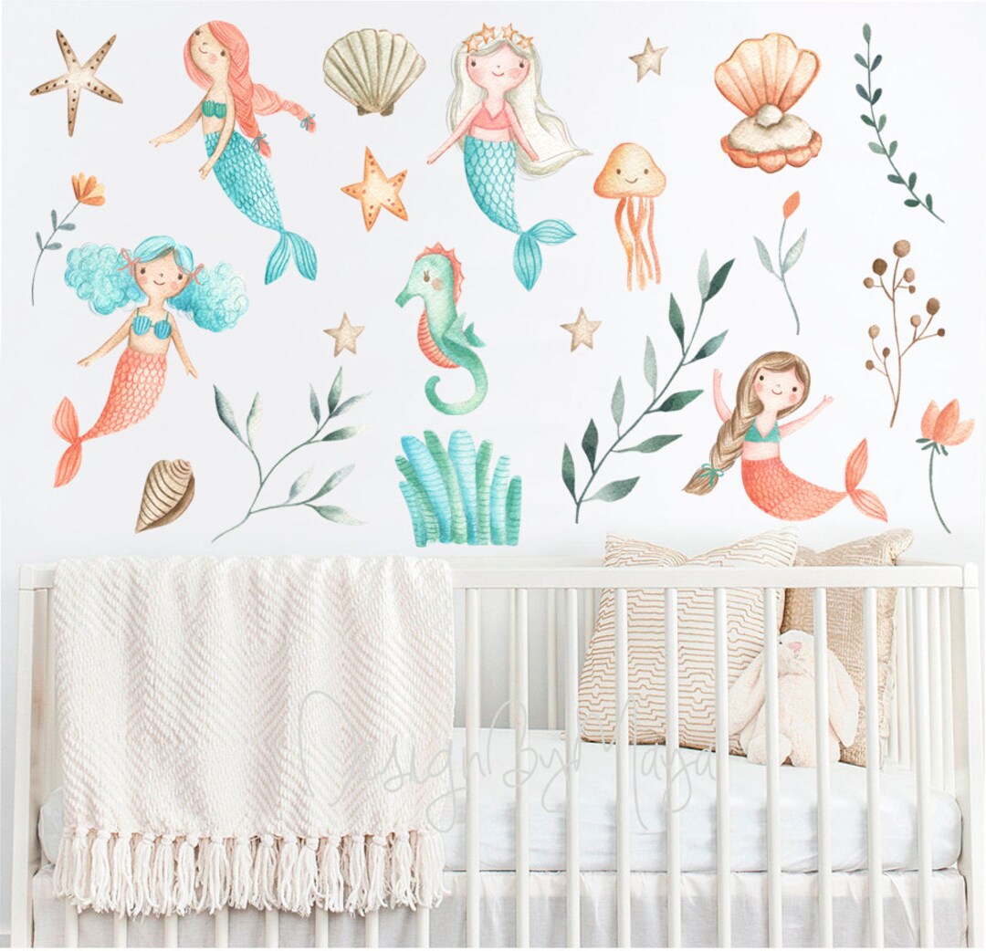 Mermaids Watercolor, Mermaid Fabric Decal Ocean Life Nursery Wall Decal ...
