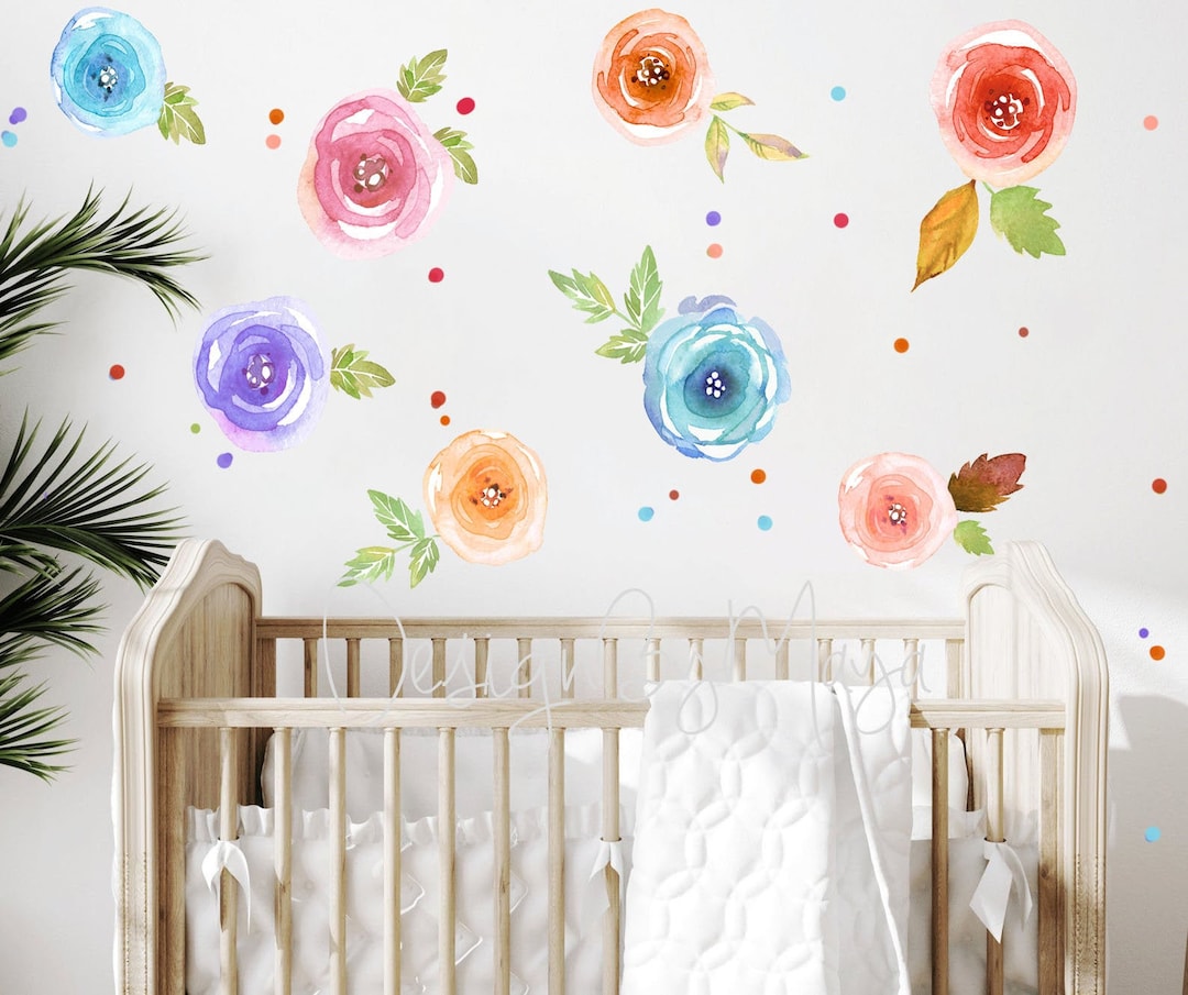 Ranunculus Flower Decals Girl Nursery Wall Stickers, Rainbow Flowers ...