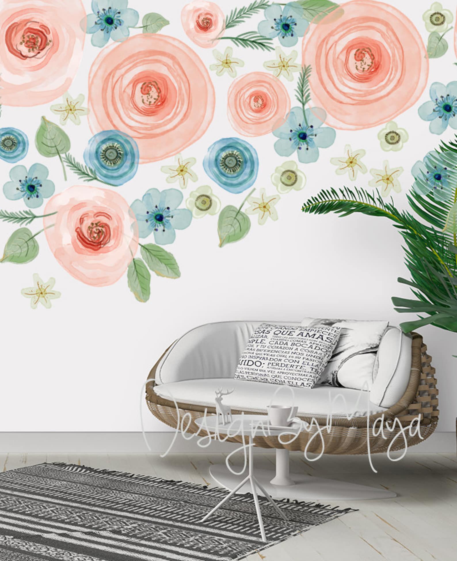 Watercolor Floral Wall Decals: Baby Blue Flowers, Pale Pink Roses - Etsy