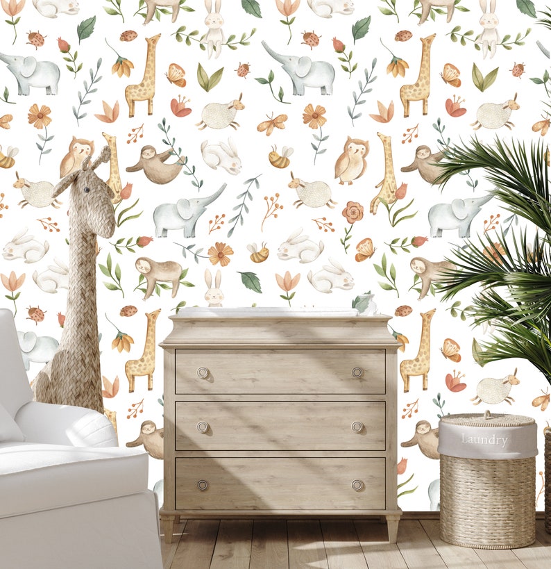 Woodland Animals Nursery Wallpaper: Peel and Stick Forest Mural - Etsy ...