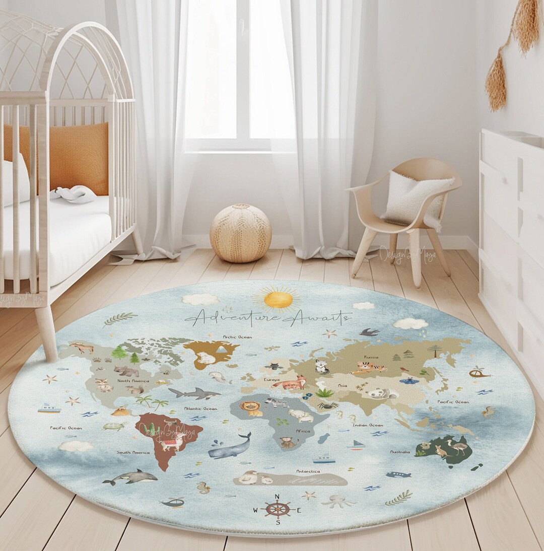 Adventure Awaits Round Rug, World Map Round Rug, Play Rug, Play Mat ...