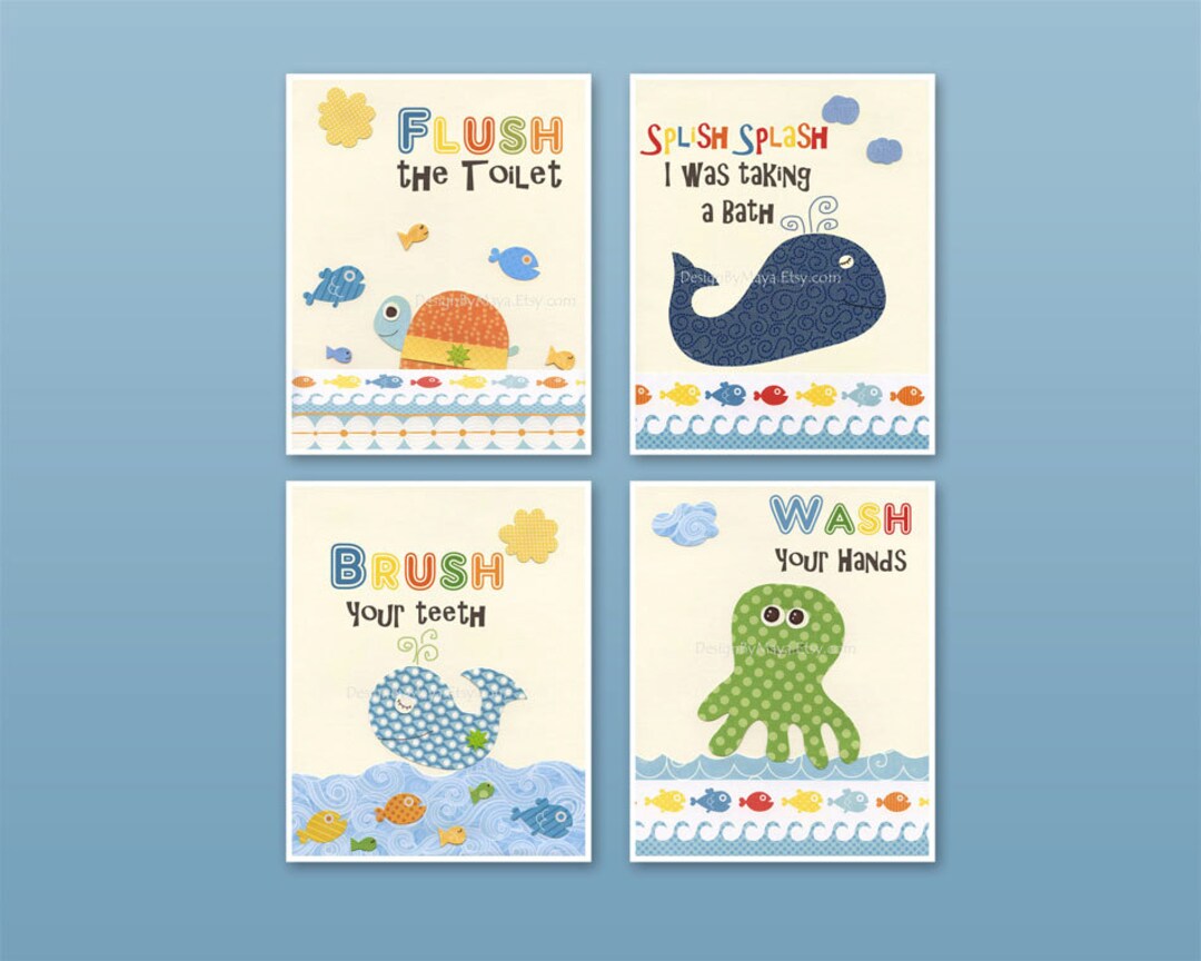 Kids Bathroom Rules, Wash Brush Flush Kids Bathroom Art Kids Bathroom ...