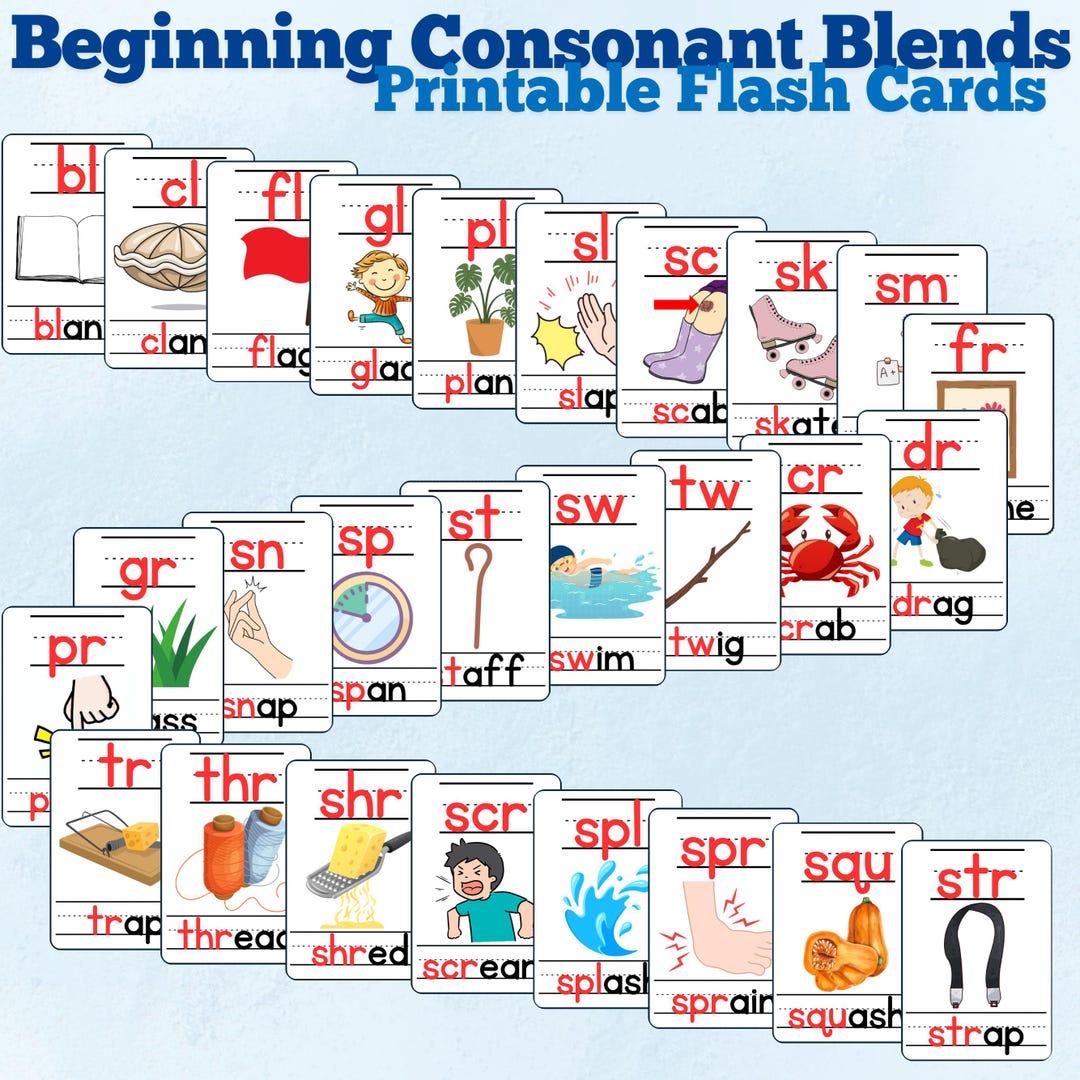 Beginning Consonant Blends Flash Cards, Phonics Printable Flash Cards ...