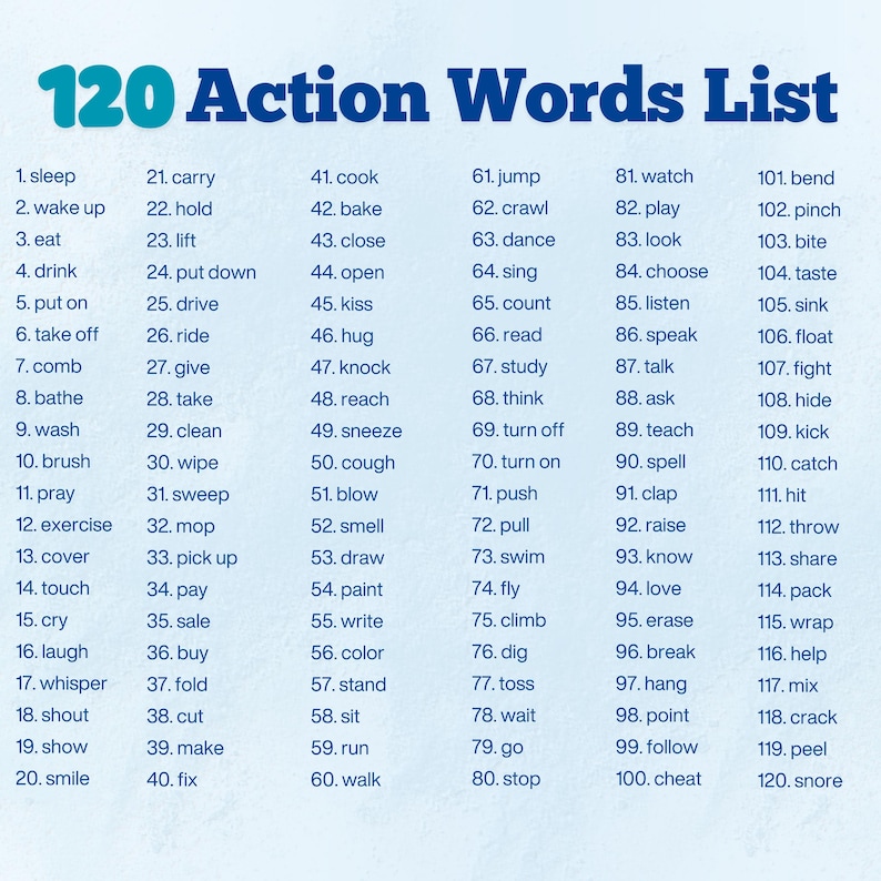120 Action Words Flash Cards, ESL Action Words Flash Cards, Verbs Flash ...