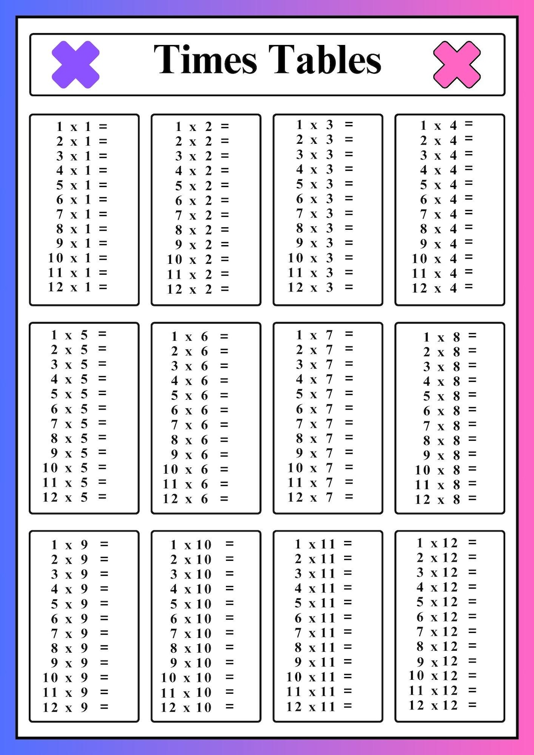 Home Schooling Times Table Chart Template - Etsy