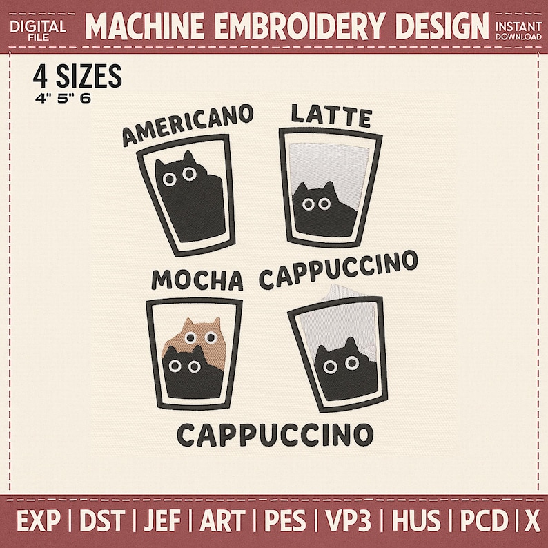 Coffee Cats Embroidery Design File, Espresso Cup Cat, Mocha Latte, Cute ...