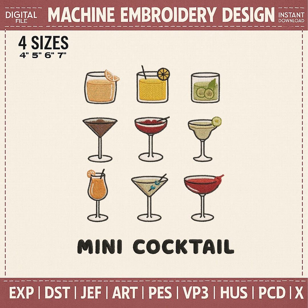 Mini Cocktail Embroidery Design Set | 4 Sizes 4" 5" 6" 7" | Digital ...