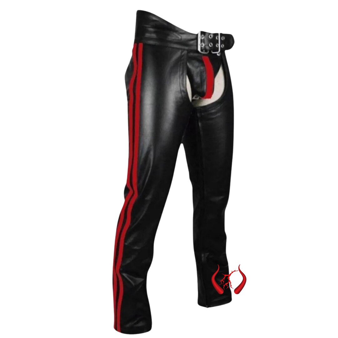 Men's Black Leather Biker Chaps Custom Fit Red Racing Stripes ...