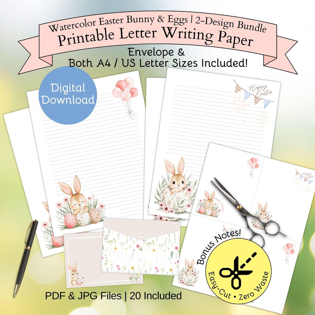 Watercolor Easter Bunny Printable Letter Paper and Envelope Bundle ...