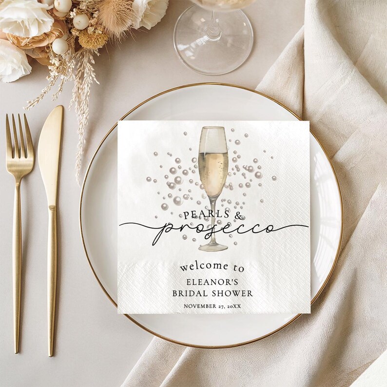 Custom Pearls and Prosecco Bridal Shower Napkins Personalized Wedding ...