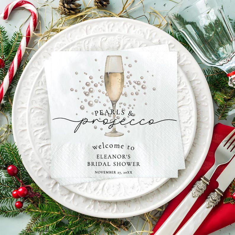 Custom Pearls and Prosecco Bridal Shower Napkins Personalized Wedding ...