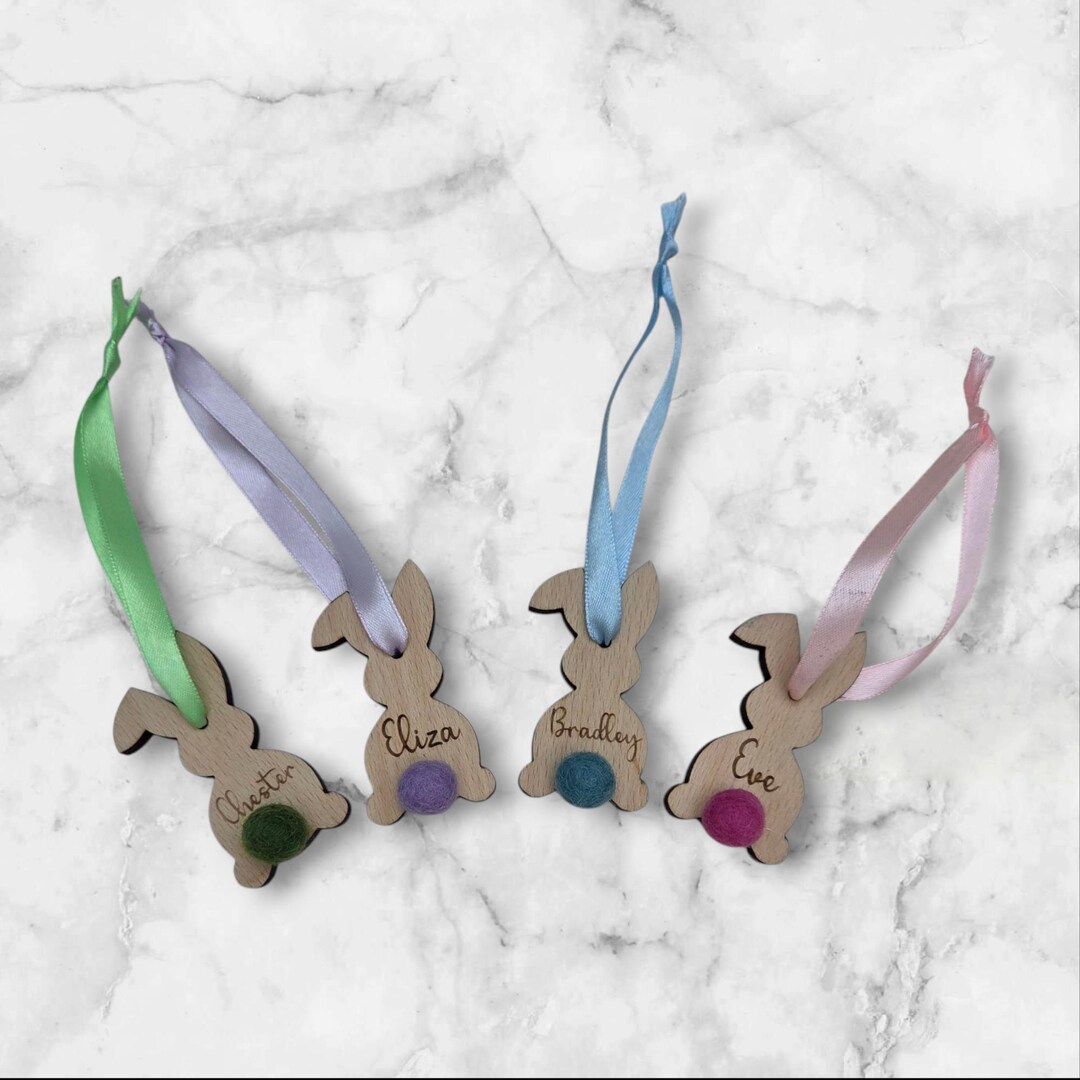 Personalized Wooden Easter Bunny Tag: Pom Pom Tail Decoration - Etsy UK