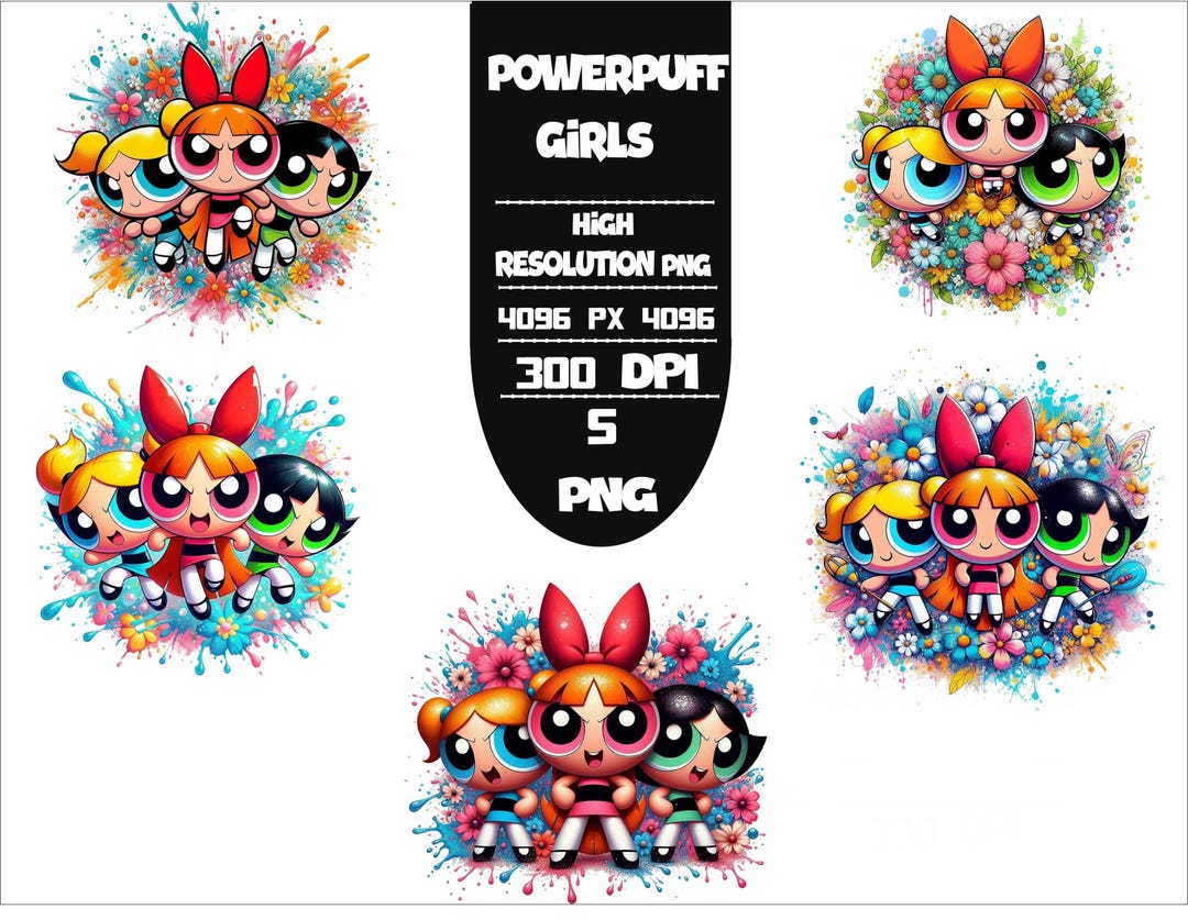 Powerpuff Girl Cute Flower Set 5 PNG Vibrant Cartoon Splash PNG Bundle ...