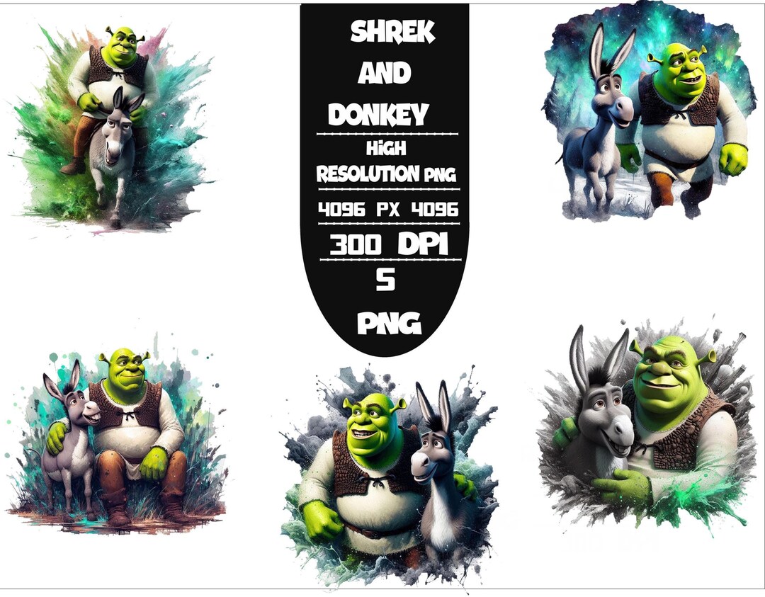 Shrek and Donkey Cartoon PNG Bundle: Vibrant Splash Art (digital ...