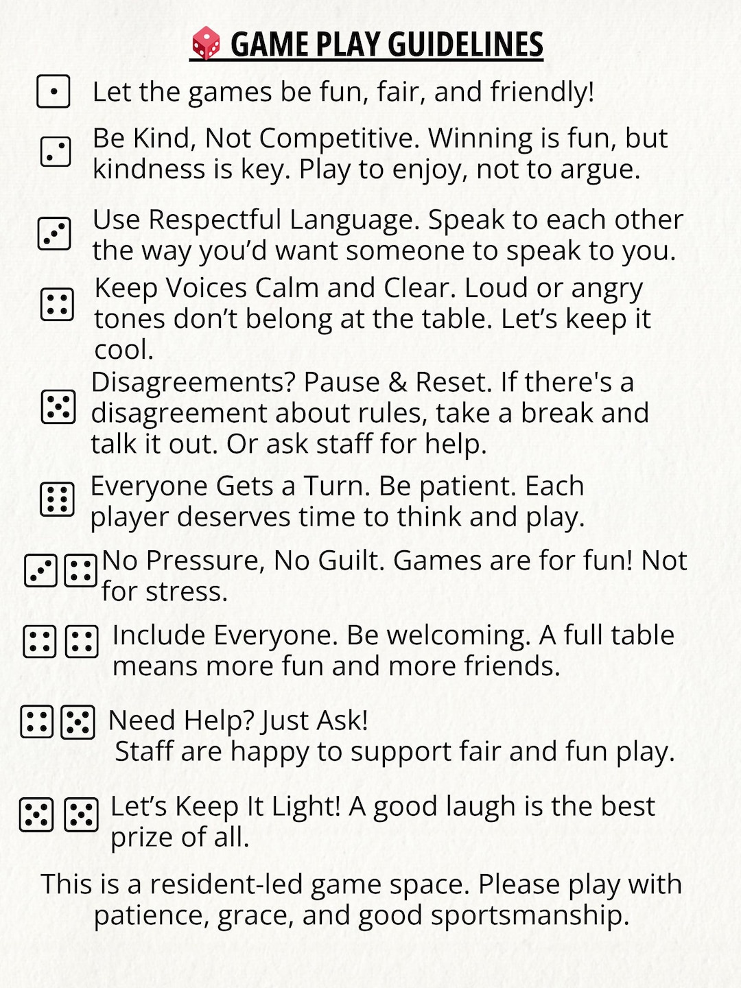 Game Play Guidelines Poster, Rec Room Guidelines for Seniors, Senior ...