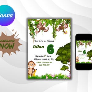 Editable Monkey Birthday Invitation – Jungle Safari Forest Theme Canva ...