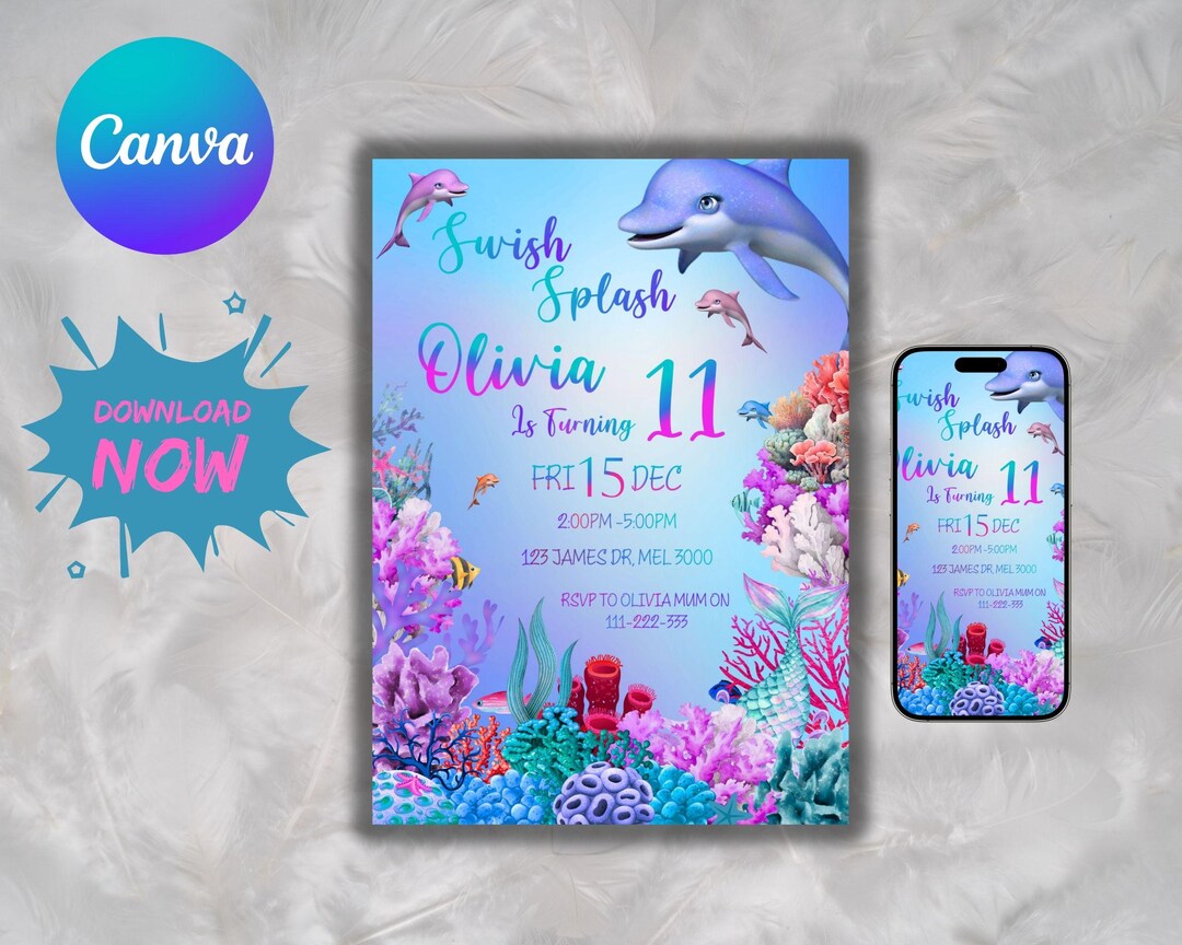 Editable Dolphin Party Invite – Ocean-themed Under the Sea Birthday ...