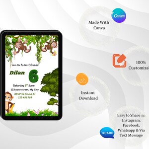 Editable Monkey Birthday Invitation – Jungle Safari Forest Theme Canva ...