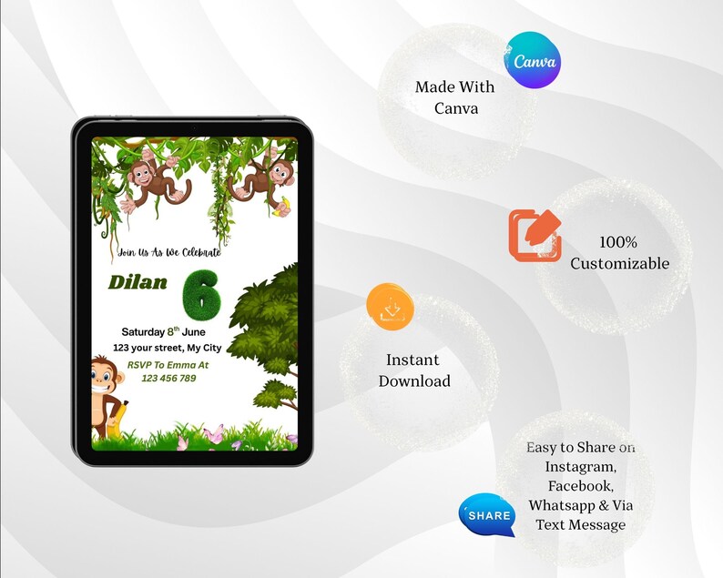 Editable Monkey Birthday Invitation – Jungle Safari Forest Theme Canva ...