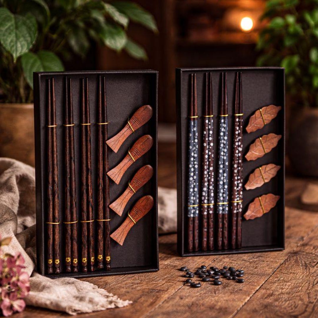 Japanese Wooden Chopstick Set With Rests – Reusable Asian Tableware ...