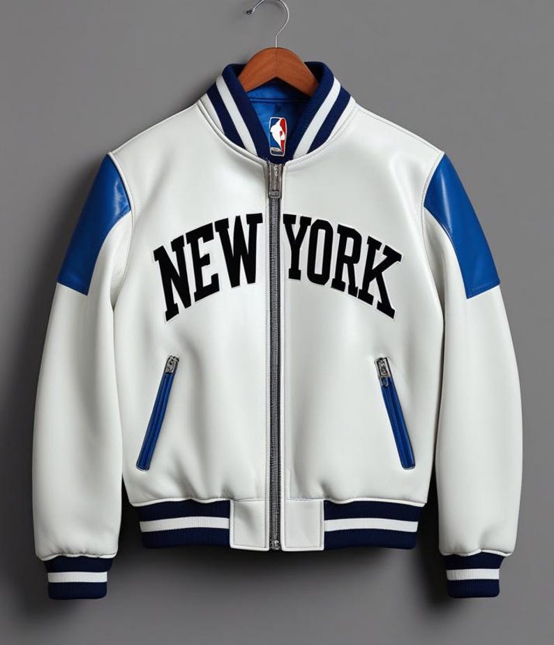 New York Knicks Varsity Jacket White & Blue Leather Bomber Kith Avirex ...