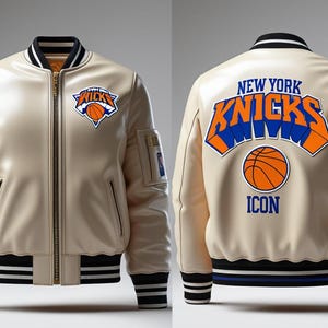 New York Knicks Varsity Jacket White & Blue Leather Bomber Kith Avirex ...