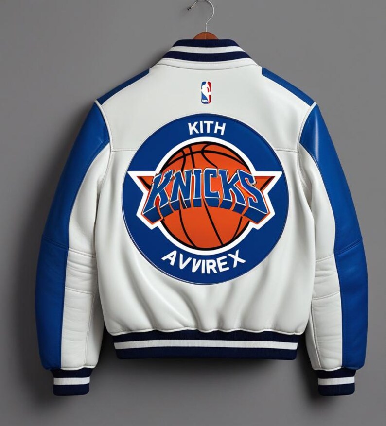 New York Knicks Varsity Jacket White & Blue Leather Bomber Kith Avirex ...