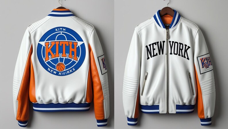 New York Knicks Varsity Jacket White & Blue Leather Bomber Kith Avirex ...