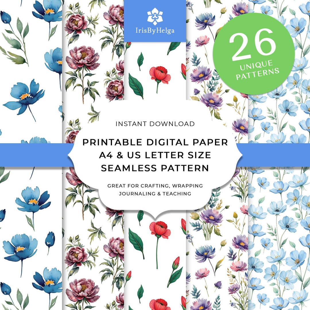 Floral Digital Paper Bundle: Watercolor Peonies, Poppies, Wildflowers ...