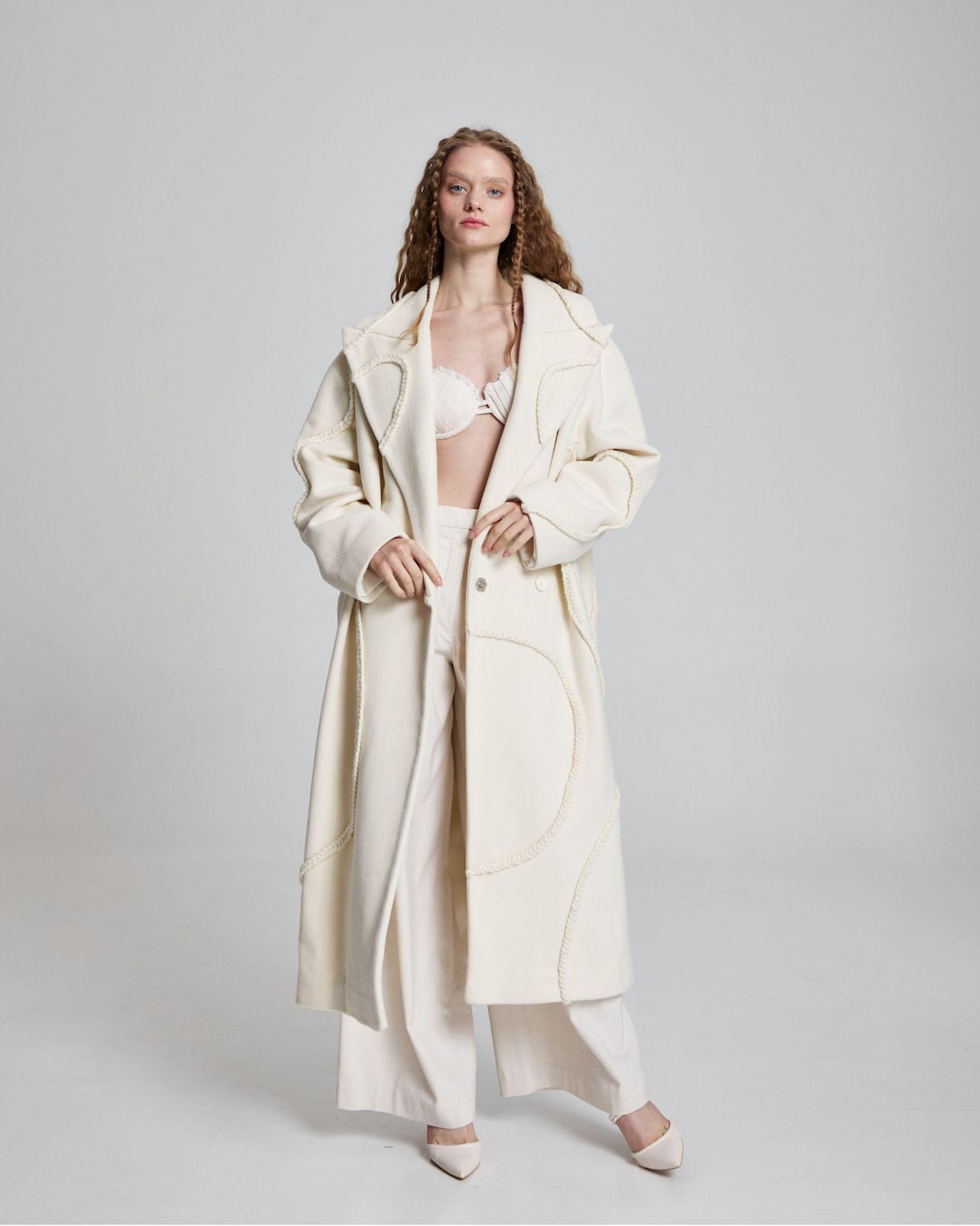 Luxury Wool Bridal Coat With Shawl Collar & Crocheted Braids ...