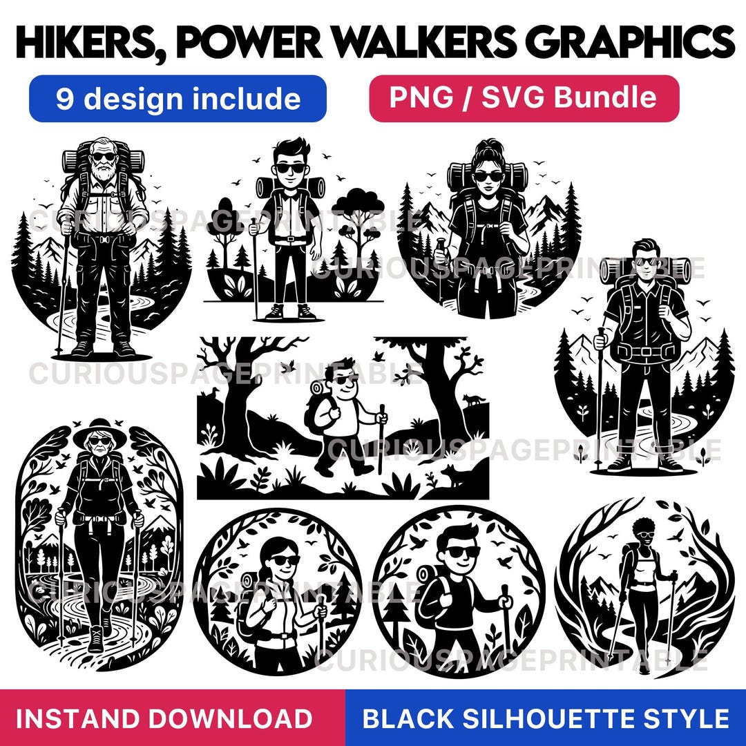 Hikers & Power Walkers SVG Bundle, Mountain Trekking Silhouette PNG ...