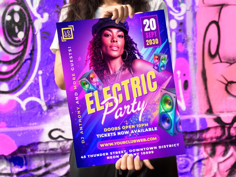 Electric Purple Party Flyer Template, Canva Photoshop Editable, Neon ...