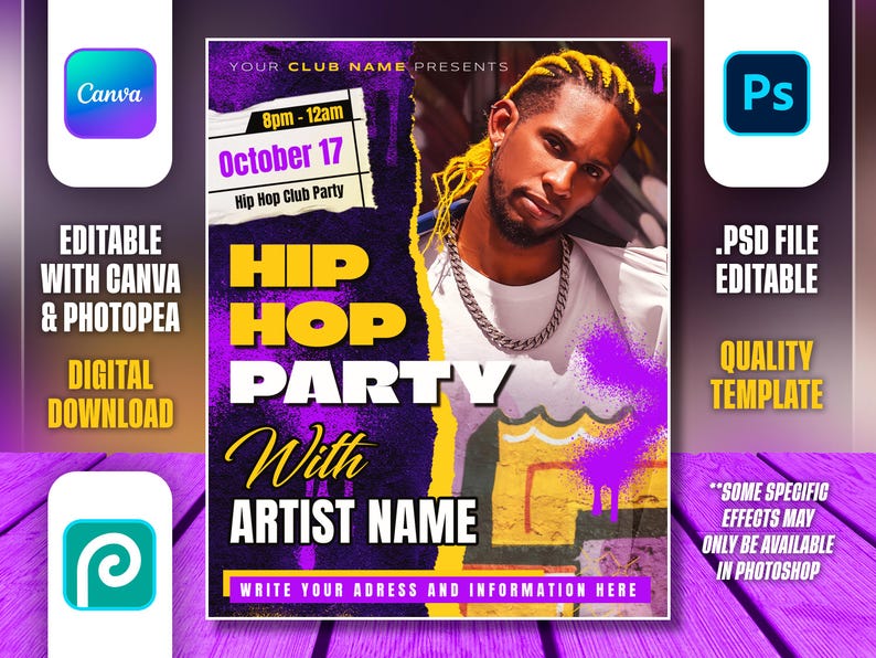 Urban Hip Hop Party Flyer Template, Editable in Canva and Photoshop ...