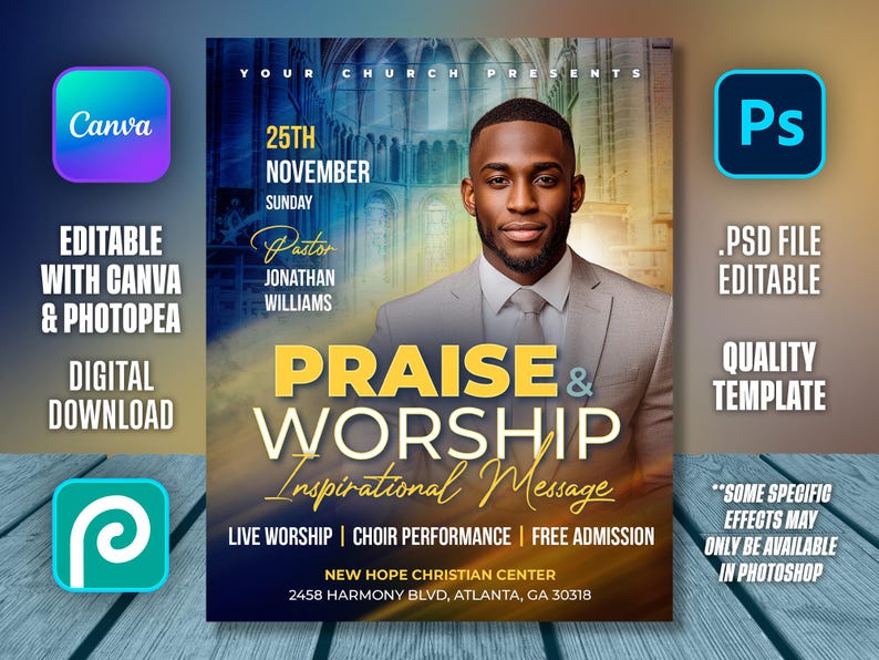 Editable Church Worship Flyer Template: Sunday Service (canva ...