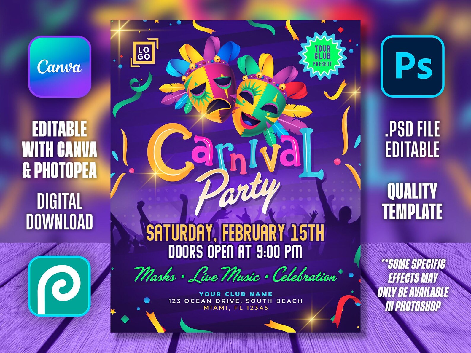 Editable Carnival Party Flyer Template: Social Media Design, DIY Club ...