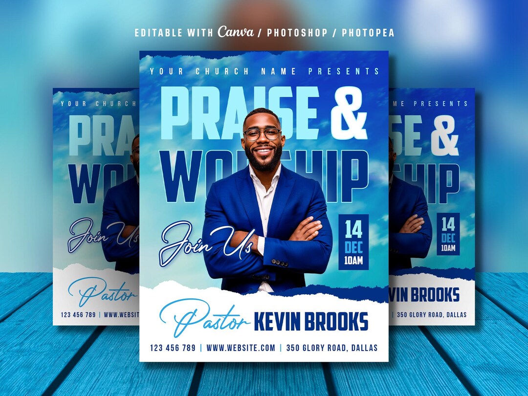 Editable Church Flyer Blue: Praise and Worship, Conference Church ...