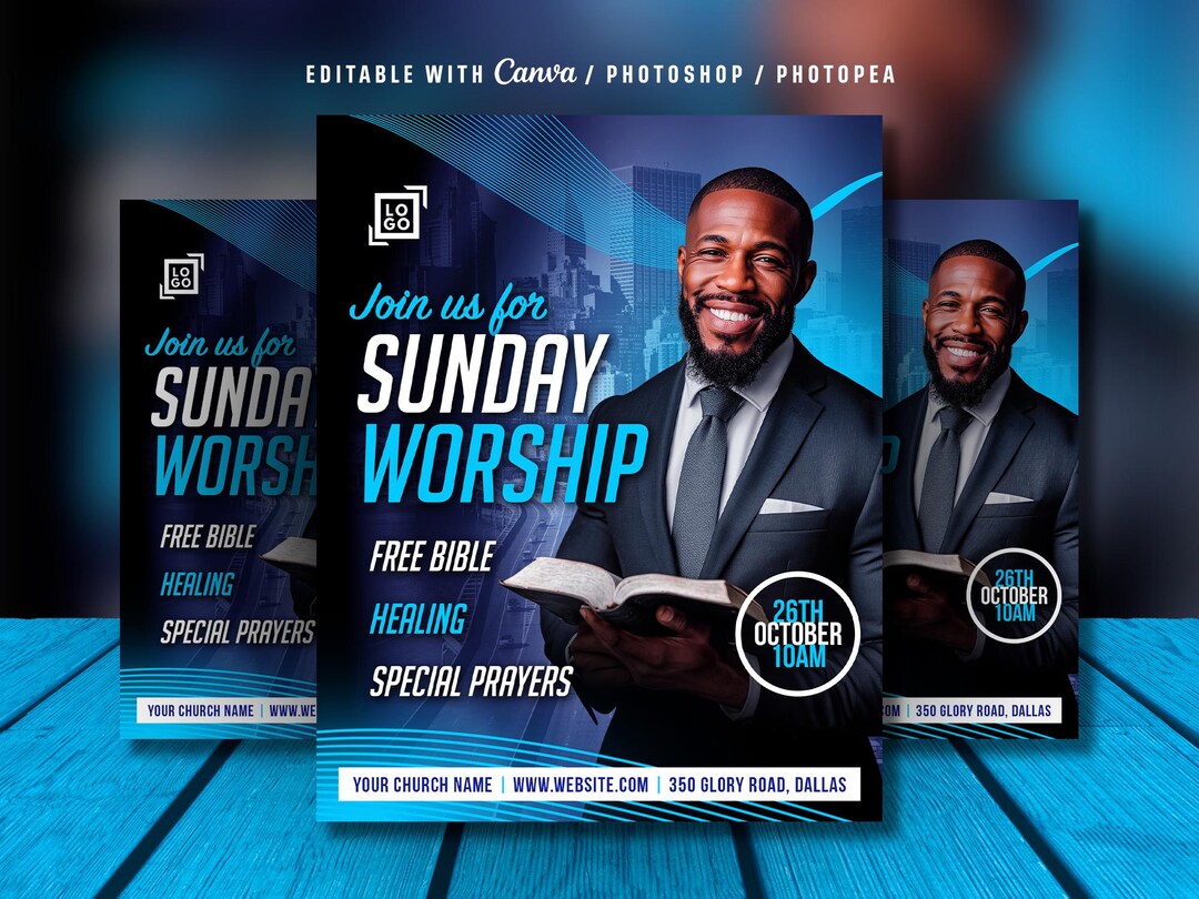 Editable Church Flyer Blue: Sunday Worship, Revival Church (canva ...