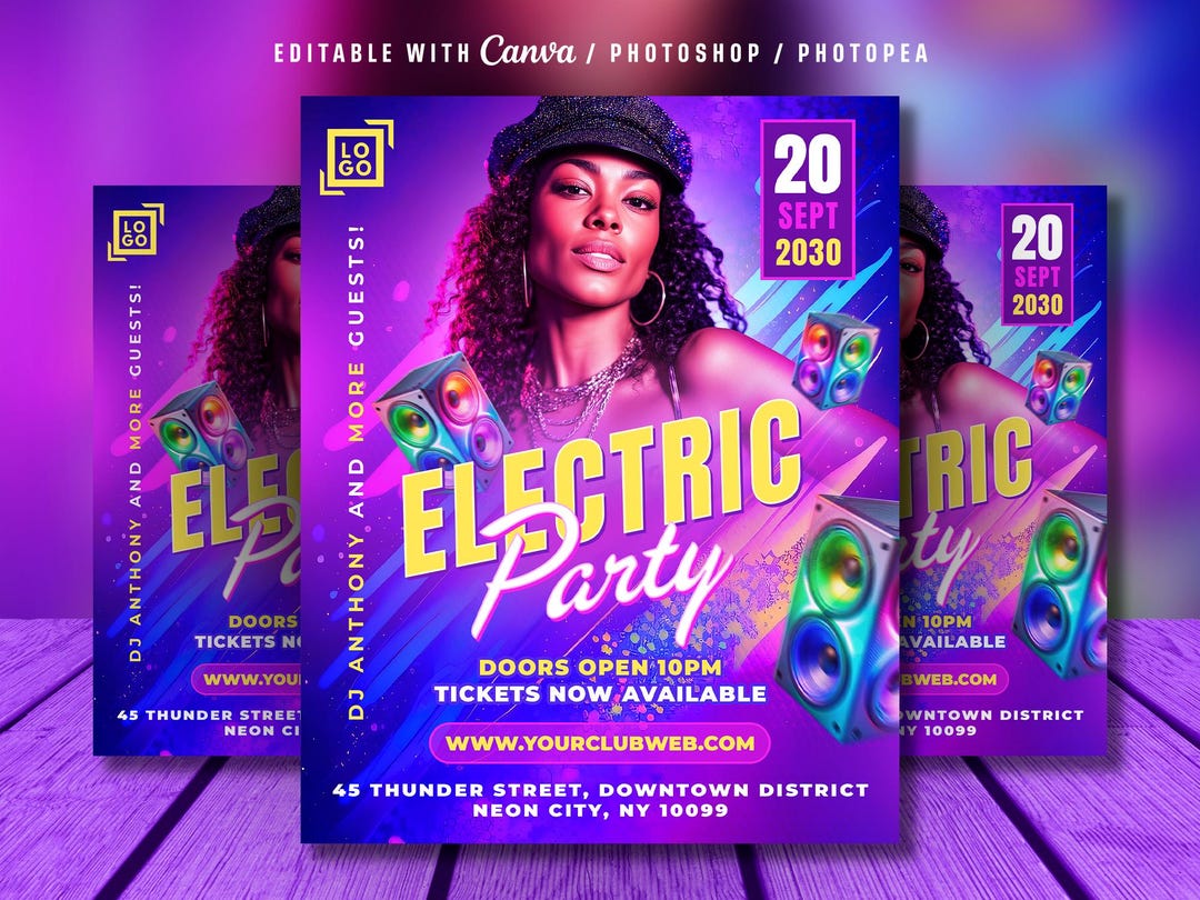 Electric Purple Party Flyer Template: Neon Club DJ Event (digital ...