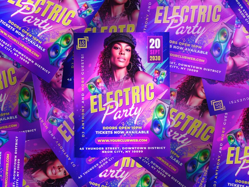 Electric Purple Party Flyer Template, Canva Photoshop Editable, Neon ...