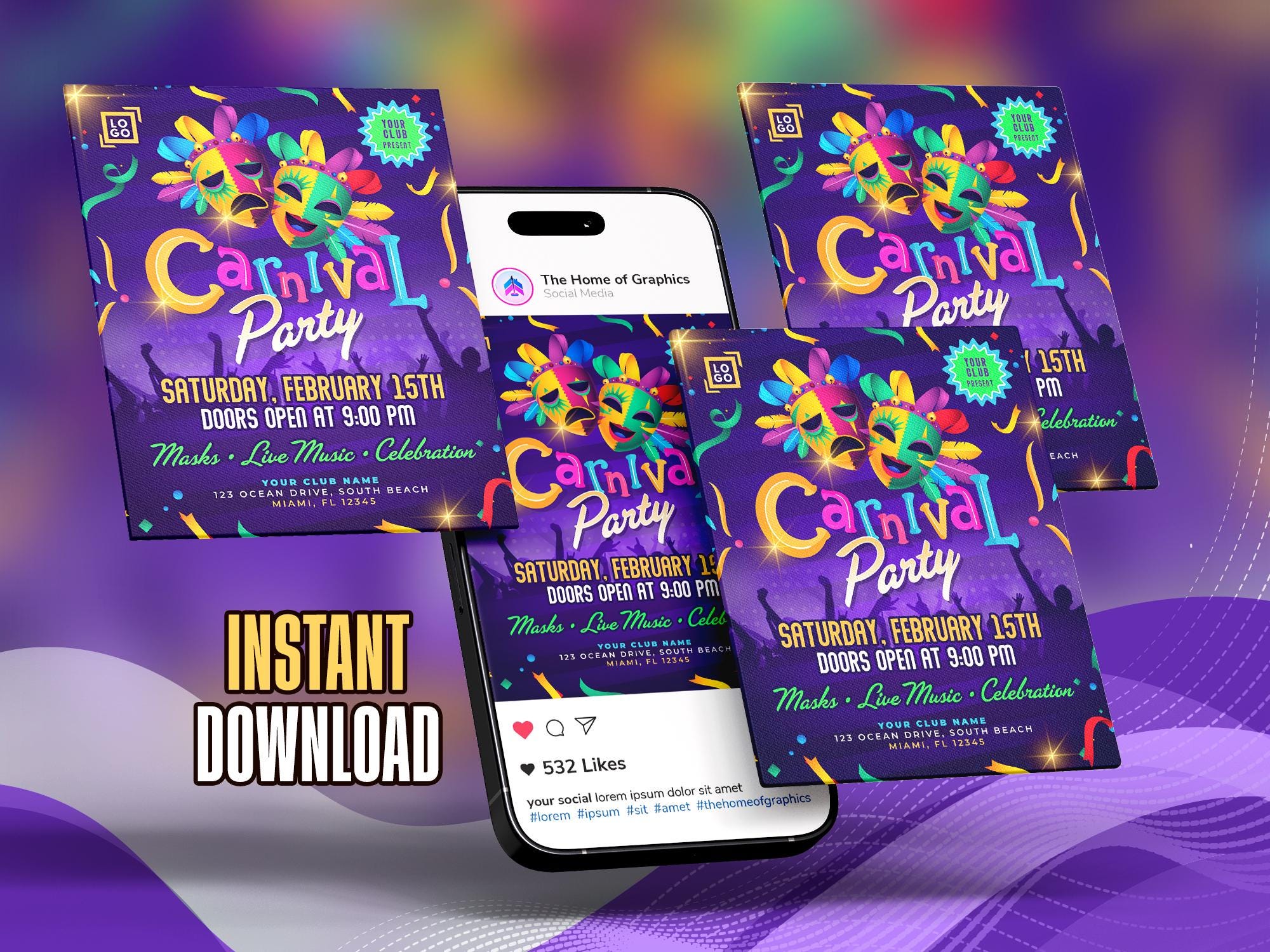 Editable Carnival Party Flyer Template: Social Media Design, DIY Club ...