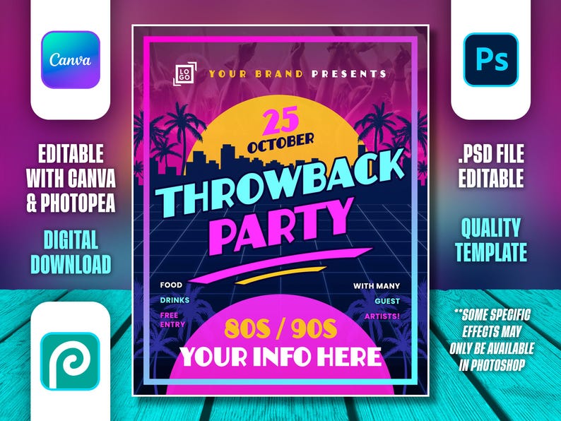 Retro Party Flyer Template, 80s Party Flyer, 90s Party Flyer, Editable ...