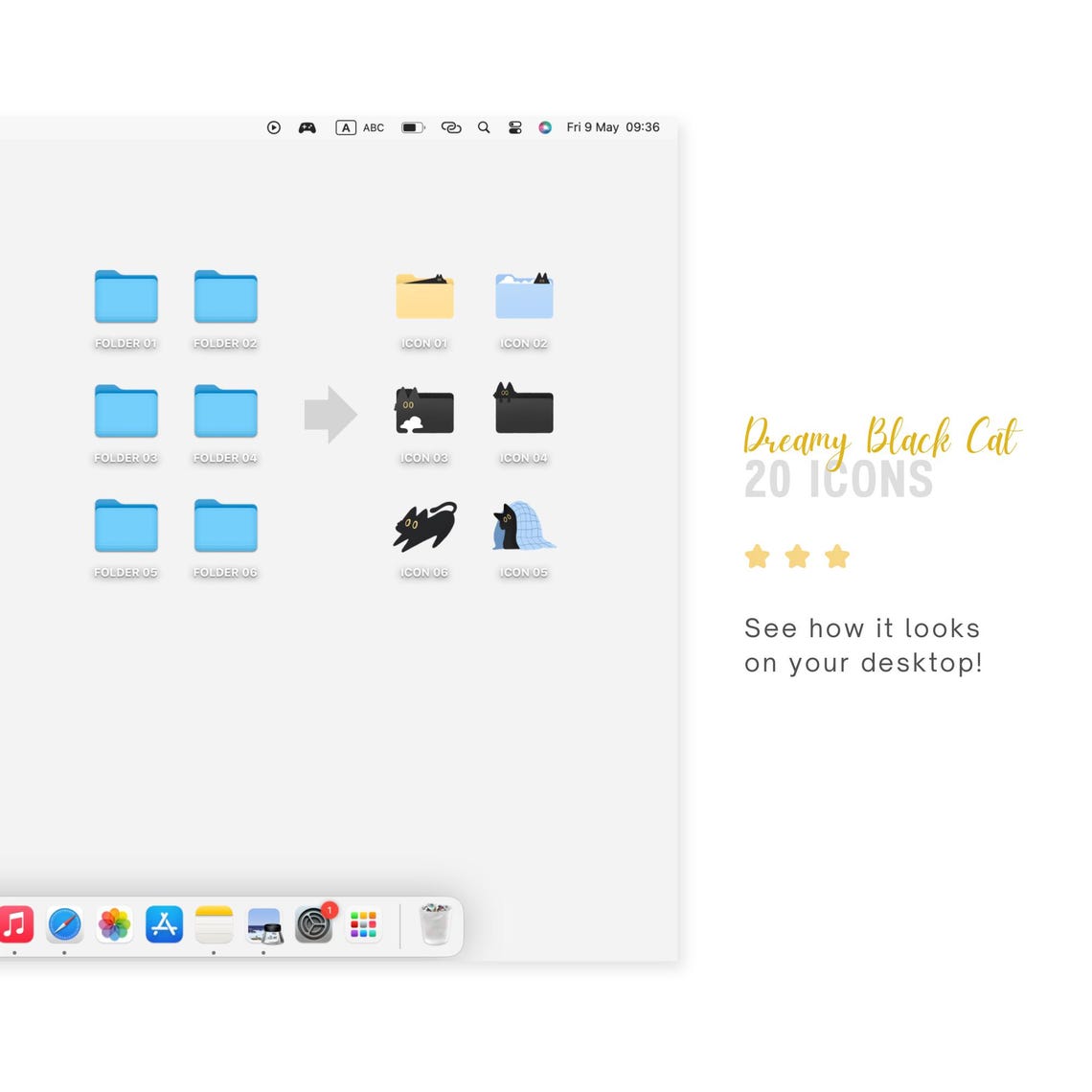 Dreamy Black Cat Folder Icons | Black Cat Icons | Cute Desktop Icons ...