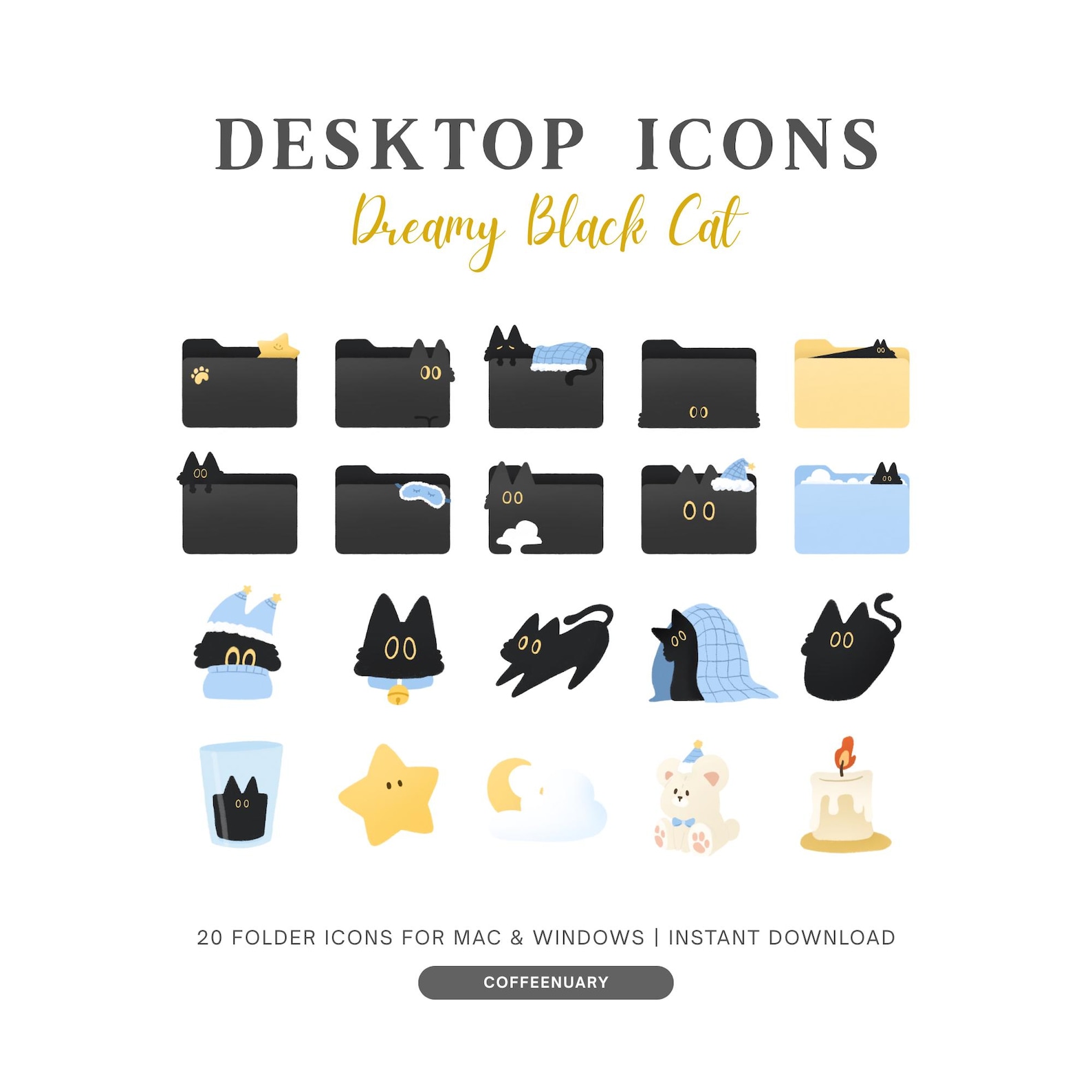 Dreamy Black Cat Folder Icons | Black Cat Icons | Cute Desktop Icons ...