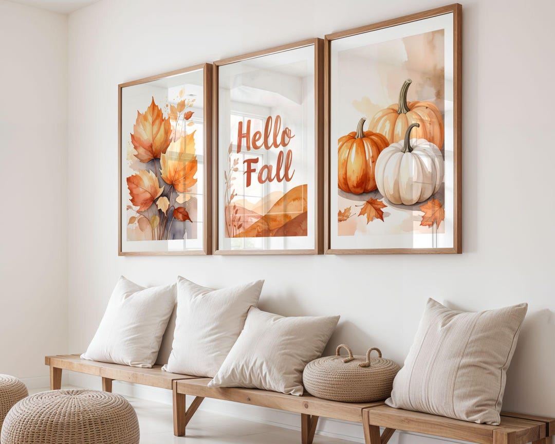 Fall Wall Art, Autumn Print Set of 3, Pumpkin Prints, Fall Leaves ...