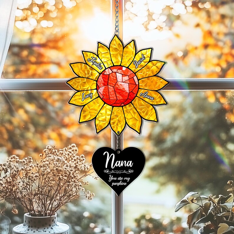 Personalized Nana Sunflower Acrylic Suncatcher Custom Grandkids Names ...