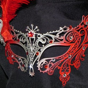 Metal Masquerade Mask With Red and Silver Feathers and Rhinestones - Etsy