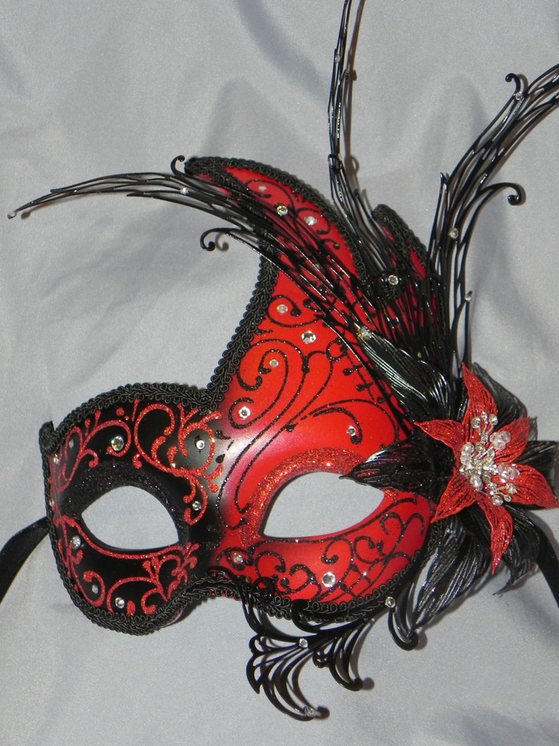 Red and Black Luna Mask With Metal Flower Detailing - Etsy